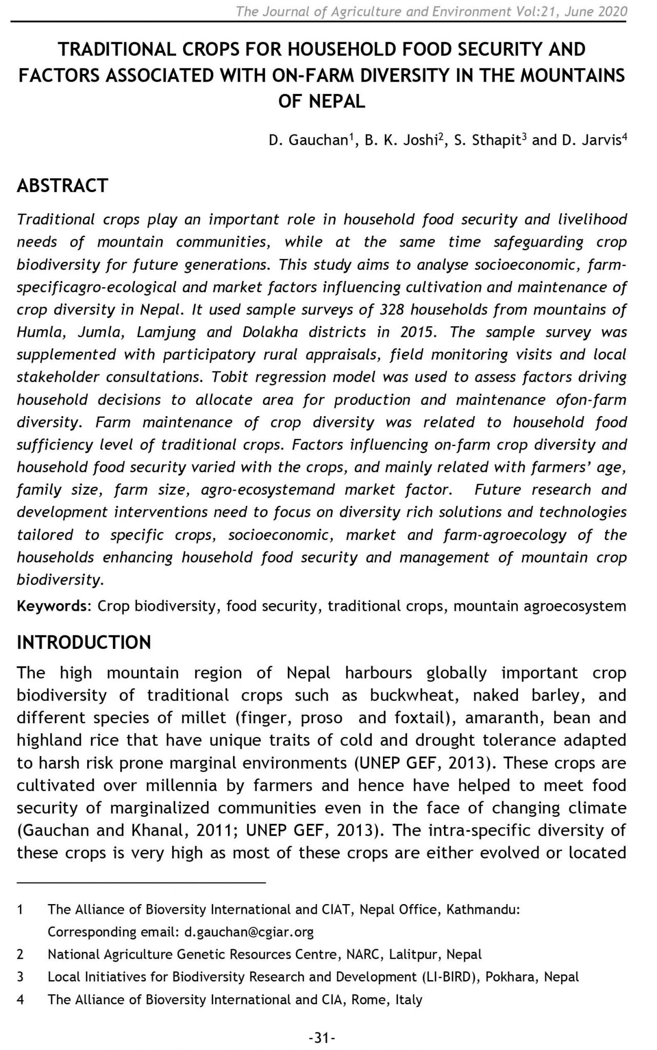 TRADITIONAL CROPS FOR HOUSEHOLD FOOD SECURITY AND FACTORS ASSOCIATED ...